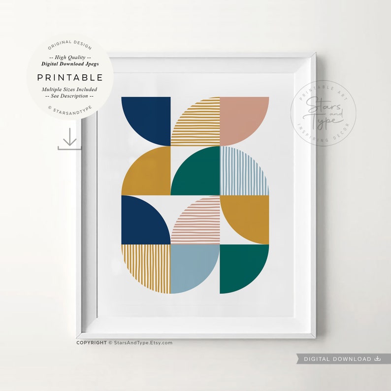 Geometric Mid Century PRINTABLE Art, Yellow Navy Green Abstract Decor ...
