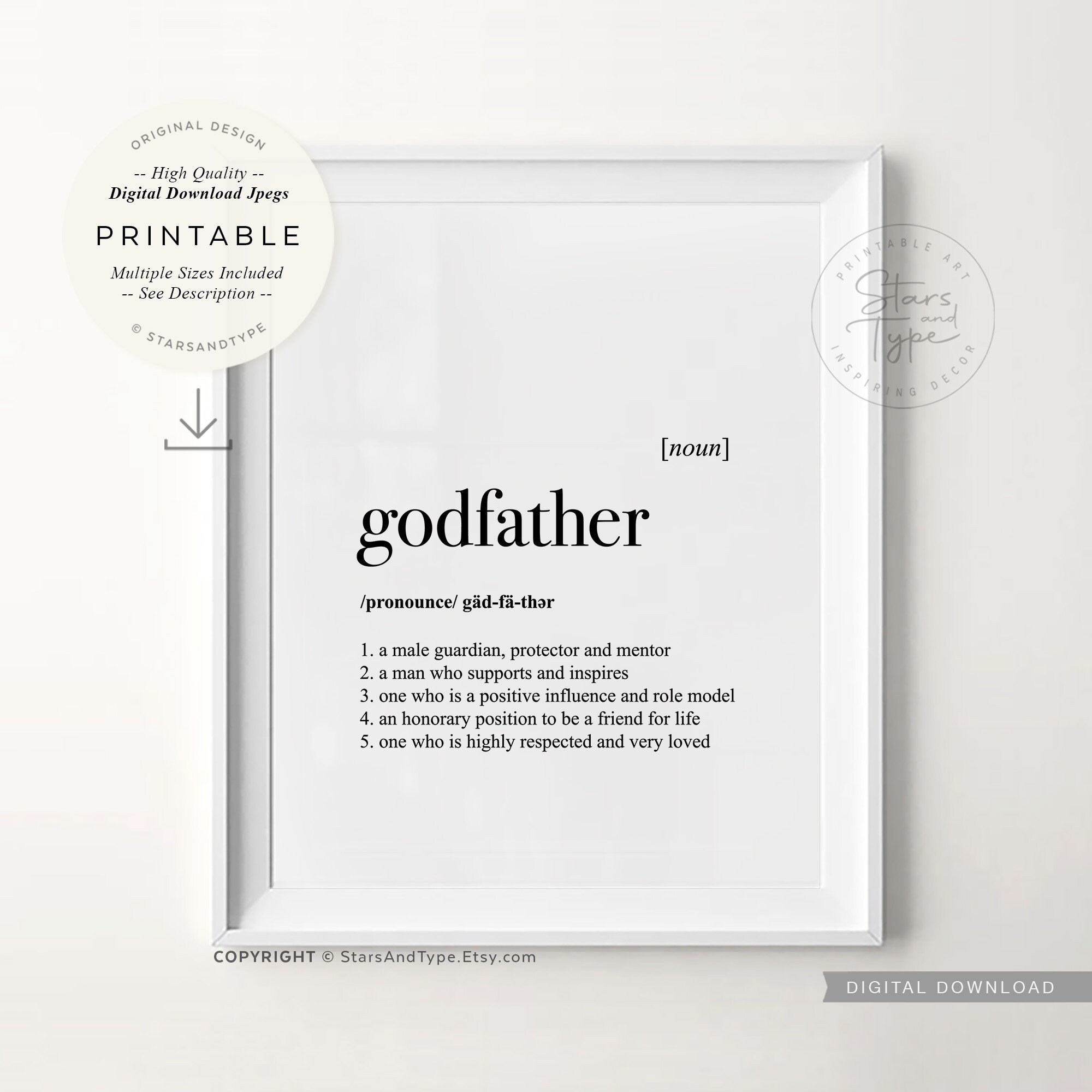 Godfather Definition, PRINTABLE Art, Baptism Christening Gift, Digital ...