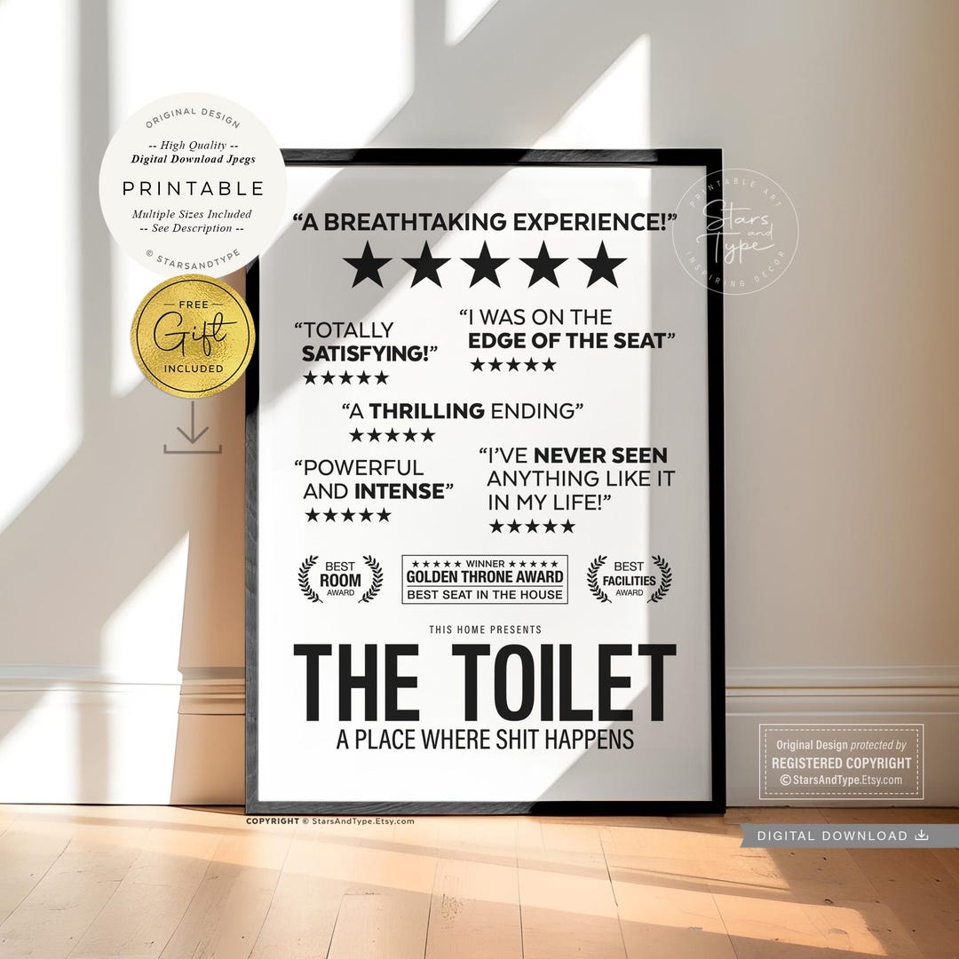 Toilet 5 Star Reviews, PRINTABLE Wall Art, Bathroom Rating Decor ...