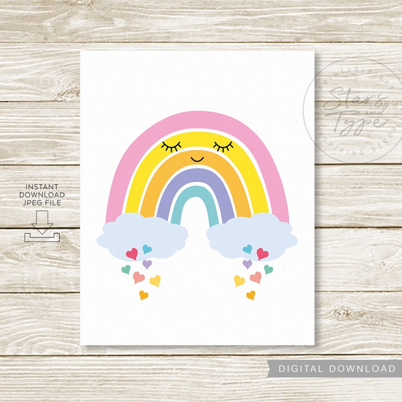 Rainbow Clouds Colorful Heart Raindrops PRINTABLE Art | Etsy