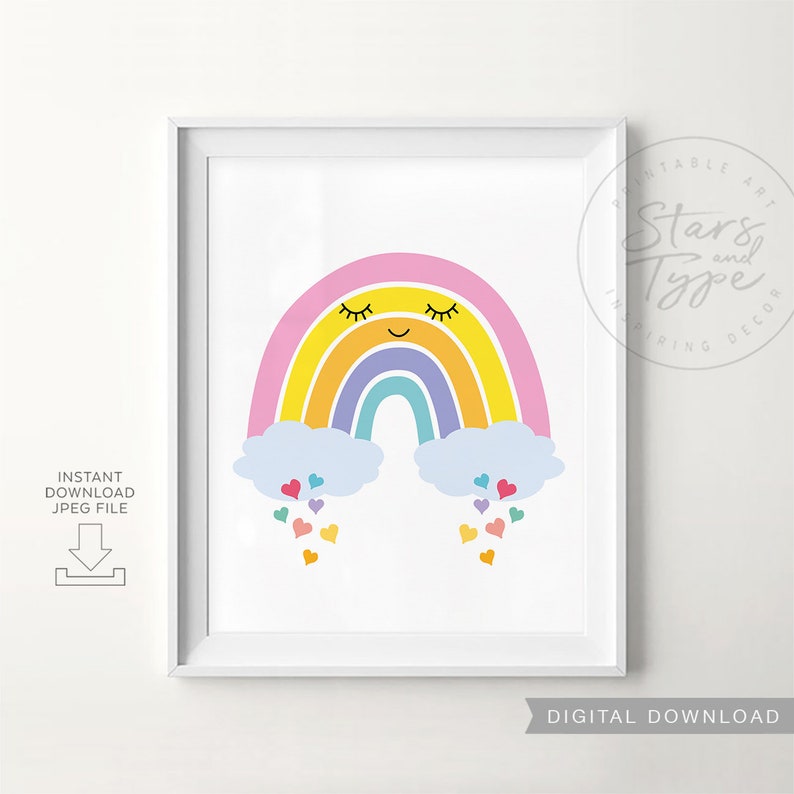 Rainbow Clouds Colorful Heart Raindrops PRINTABLE Art | Etsy