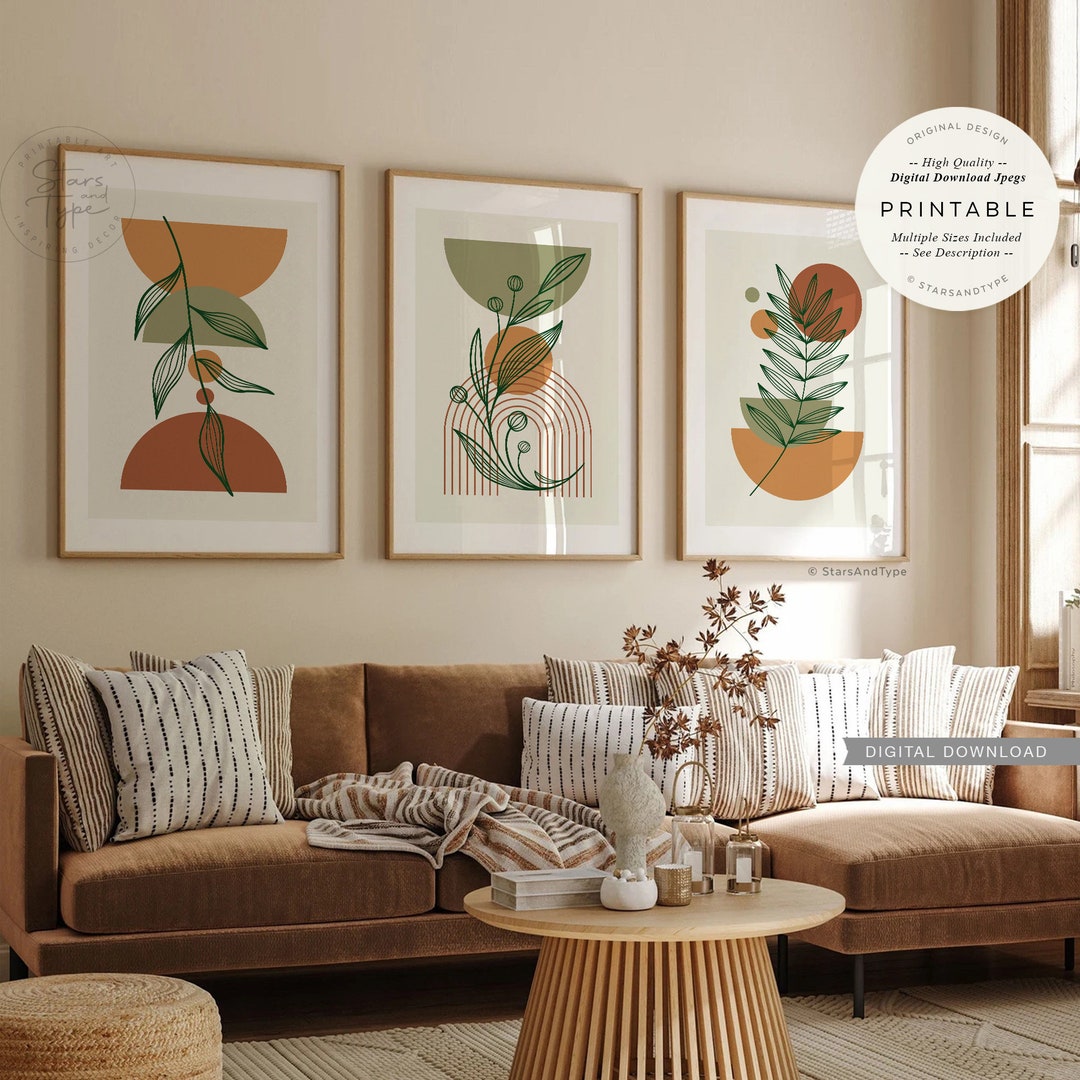 Mid Century moderne Boho Wand Kunst DRUCKBAR Set von 3, Terrakotta, grün abstrakte botanische ...