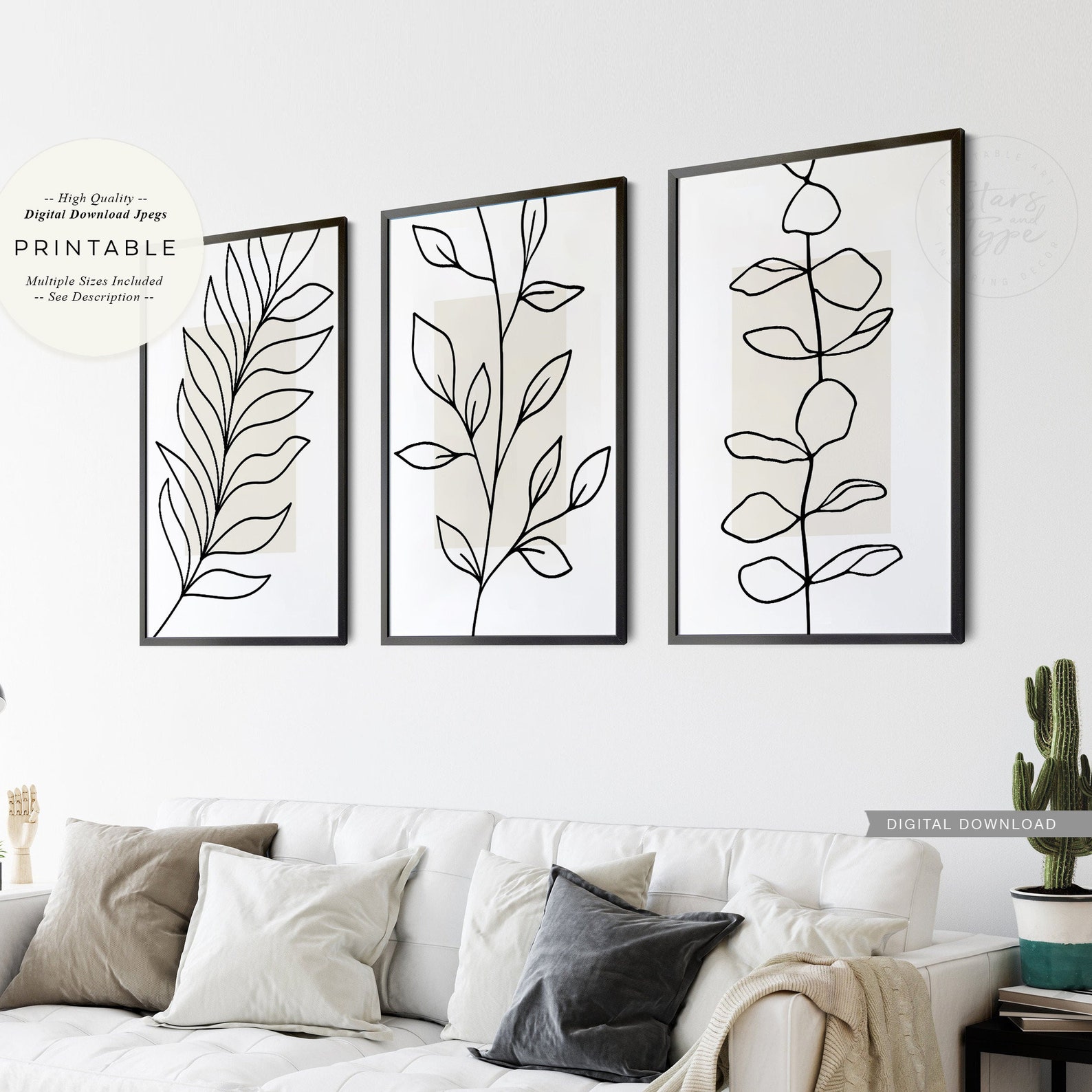 Botanical Leaves Set of 3 PRINTABLES, Large Minimalist Boho Leaf Plants ...