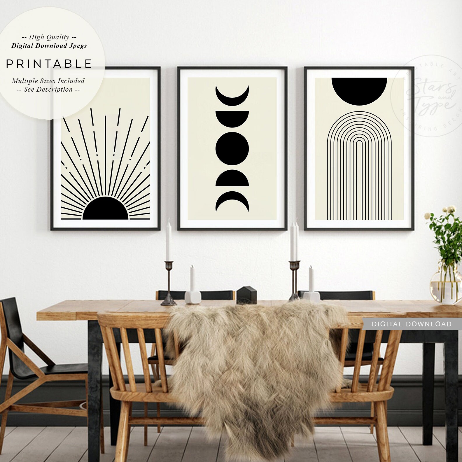 Geometric Boho Arch Sun Moon Phases PRINTABLES Set of 3 Mid | Etsy