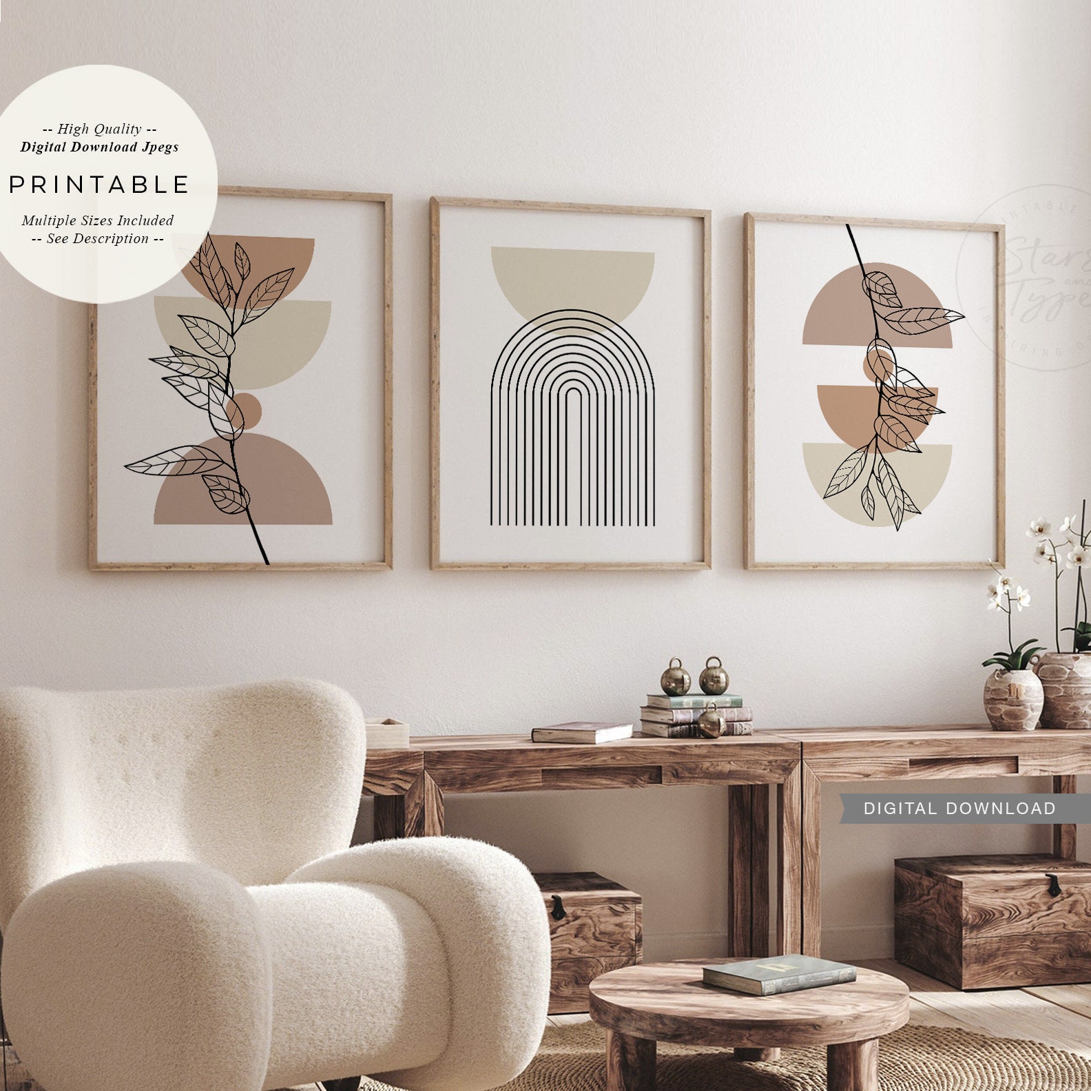 Boho Abstract Leaf Art PRINTABLES Set of 3 Geometric Neutral - Etsy