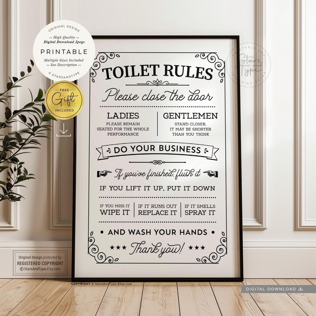Toilet Rules, PRINTABLE Wall Art, Above Toilet Loo Sign, Fun Vintage ...