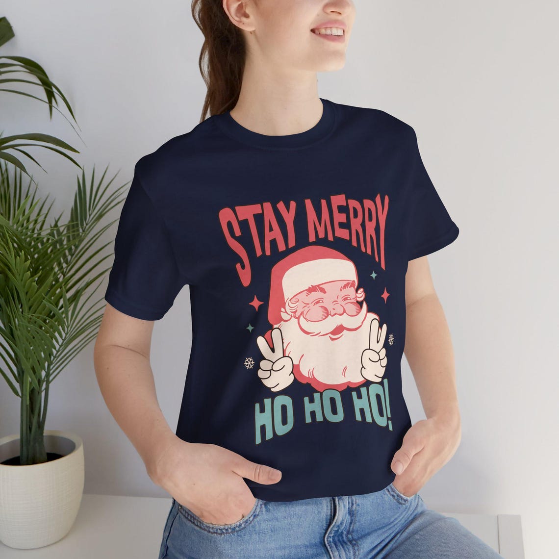 Retro Santa Peace Sign Christmas Tee | Stay Merry Holiday Shirt - Etsy