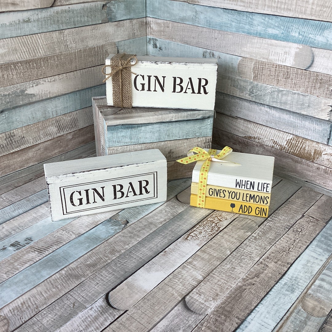 Gin Wooden Block Shelf Sitter, Bar Wooden Bookstack, Tiered Tray Gin ...