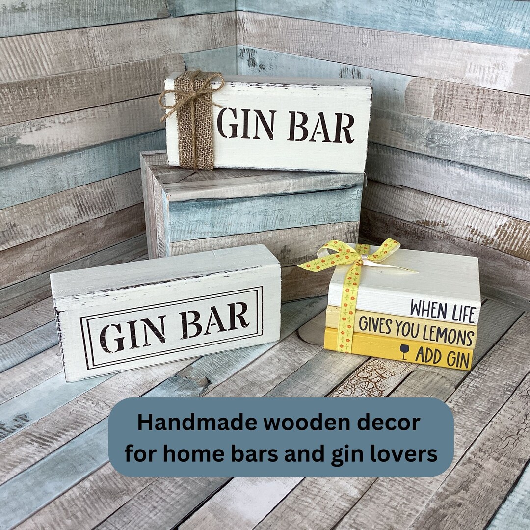 Gin Bar Wooden Decor, Home Bar Shelf Accessory, Wood Book Stack, Tiered ...