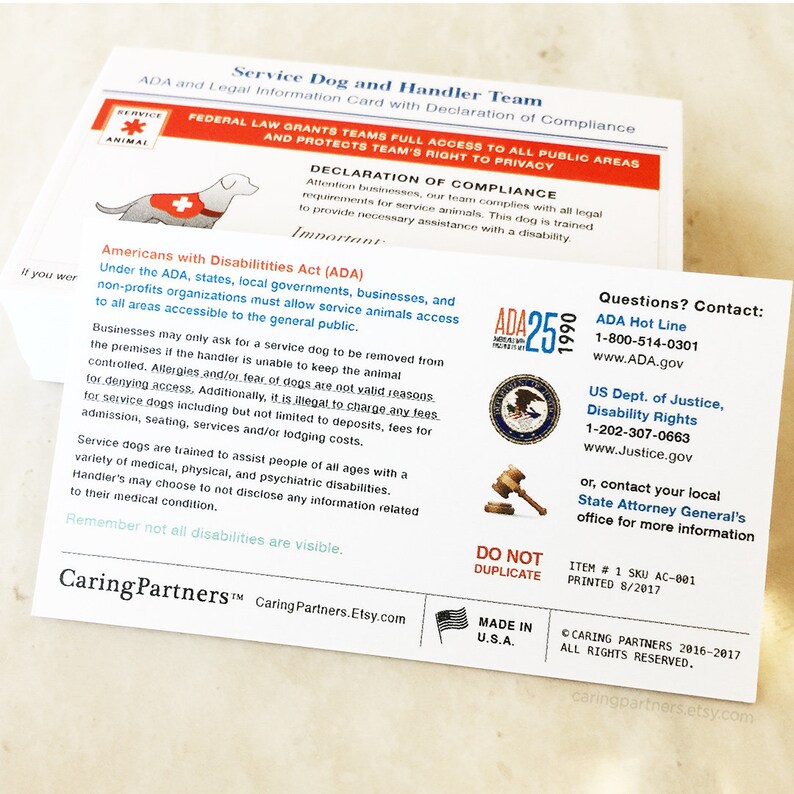 ADA Law Cards for Service Dogs Declaration of Compliance | Etsy