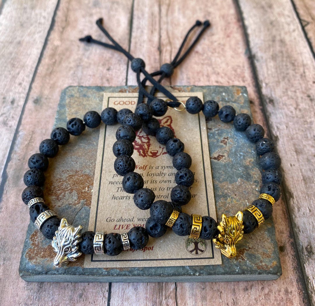 Black Lava Wolf Bracelet, Fenrir Wolf Bracelet, Beaded Bracelet Men ...