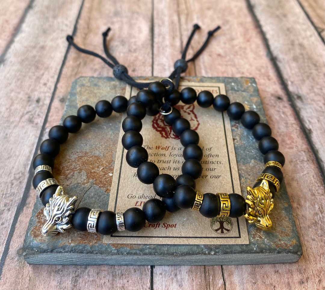 Black Onyx Wolf Bracelet: Adjustable Beaded Bracelet for Men - Etsy