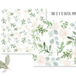 Watercolor Greenery and White Flowers & Two Digital Paper Bundle, in ...