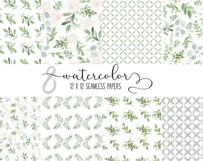 8 Watercolor Greenery Digital Papers Seamless, Repeatable and Tileable ...
