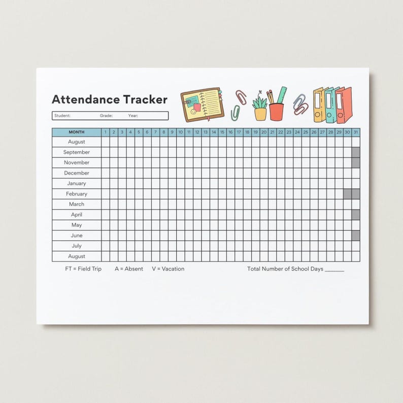 Homeschool Yearly Attendance Sheet – Printable Tracker for Daily School ...