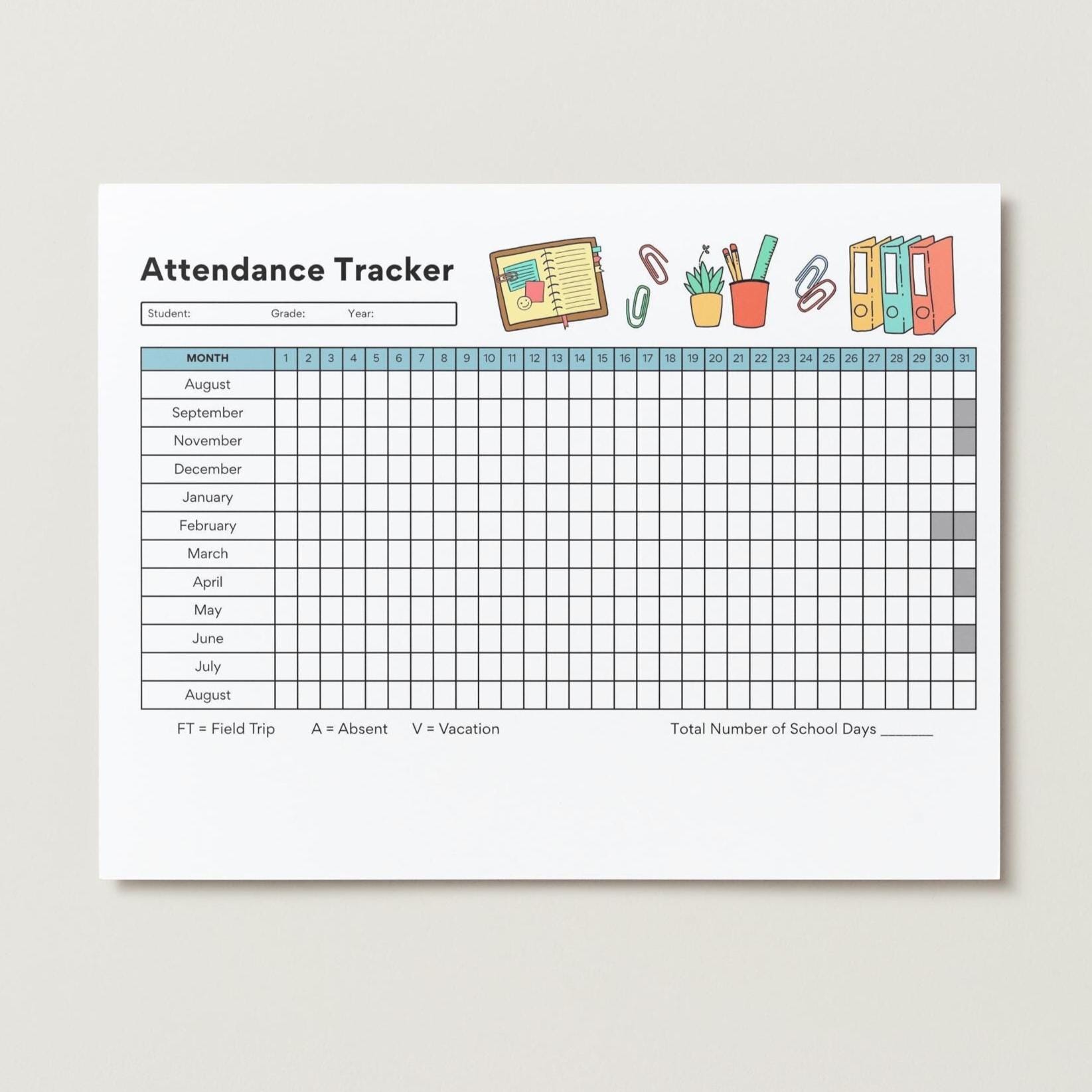 Homeschool Yearly Attendance Sheet – Printable Tracker for Daily School ...