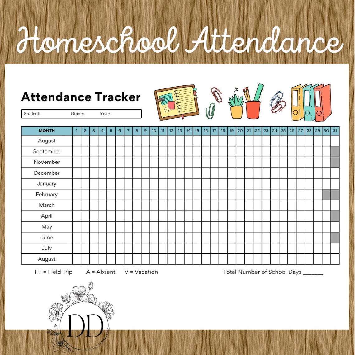Homeschool Yearly Attendance Sheet – Printable Tracker for Daily School ...