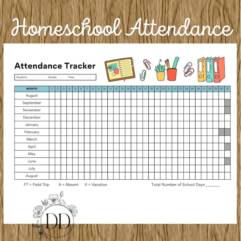 Homeschool Yearly Attendance Sheet – Printable Tracker for Daily School ...