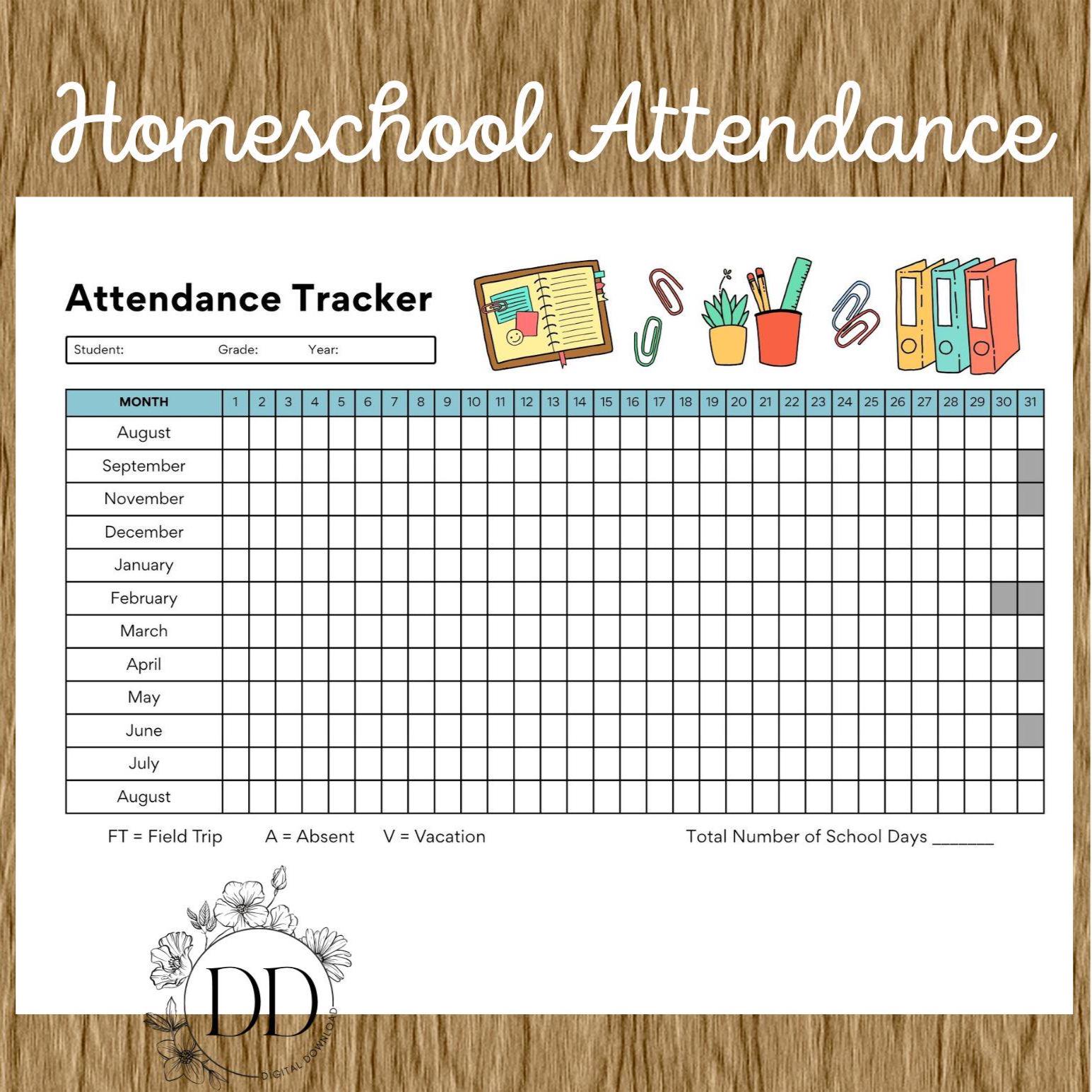 Homeschool Yearly Attendance Sheet – Printable Tracker for Daily School ...