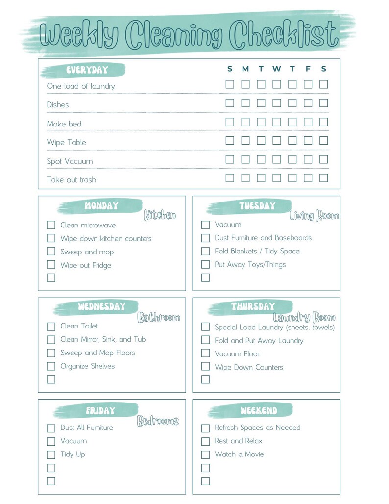 Weekly Cleaning Chart Printable – Editable Housekeeping Checklist by ...
