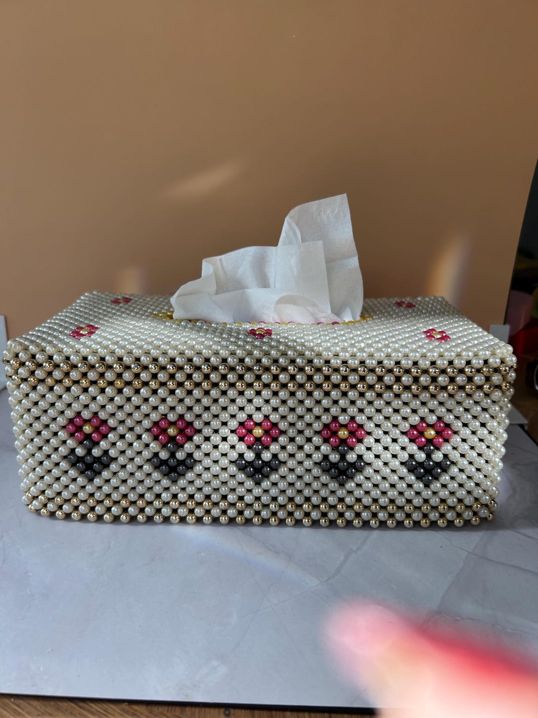 Vintage Pearl Beaded Tissue Box Cover With Pink Floral Design Vanity ...