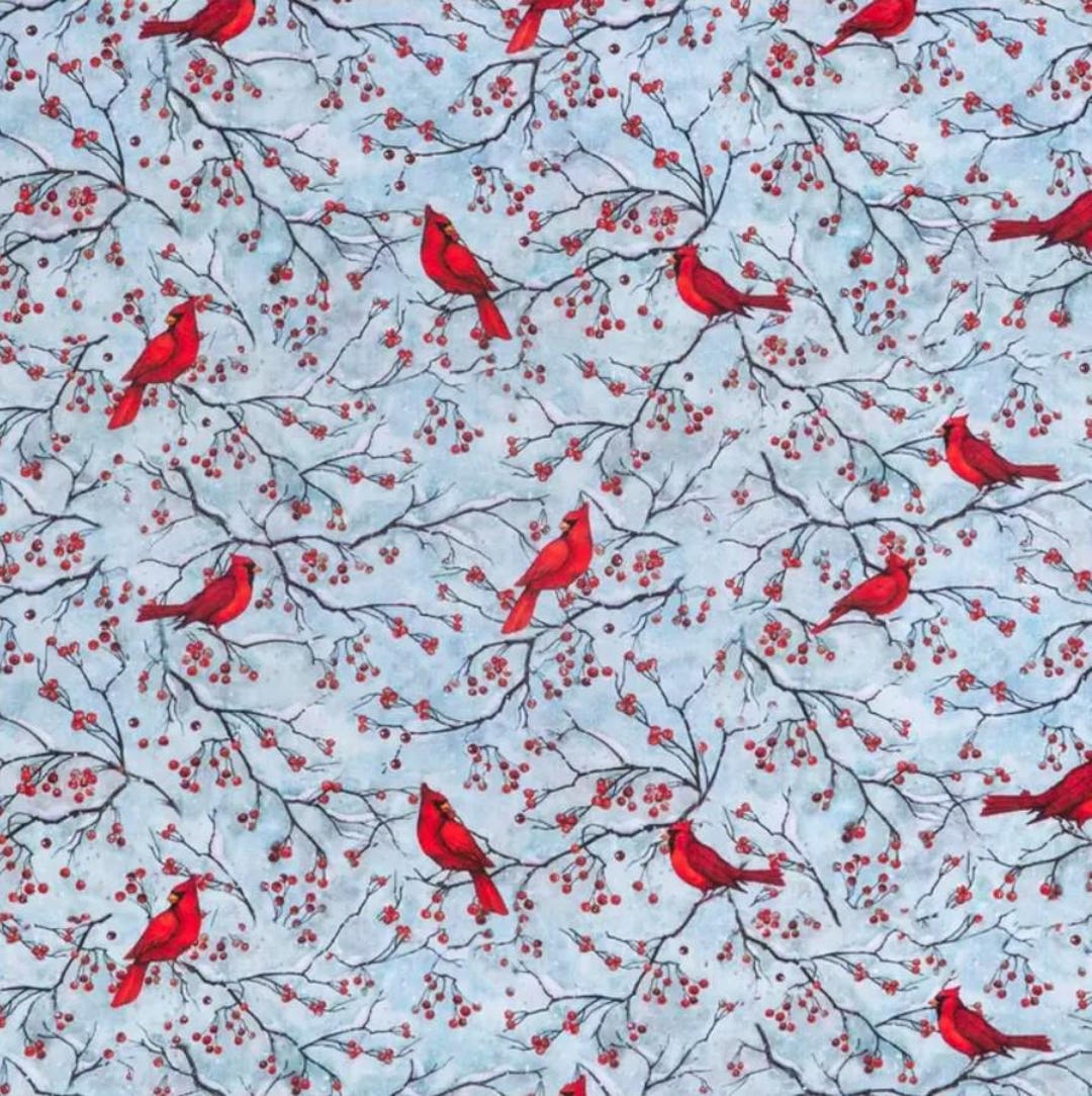 Red Cardinals Fabric, Christmas Holiday Fabric, Winter Woods, Bird ...