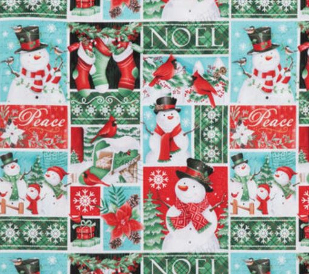 Snowman Patch Fabric, Snowmen Fabric Panel, Cardinal Christmas Fabric ...