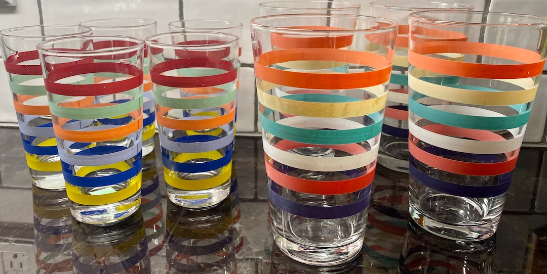 BEAUTIFUL MULTICOLORED STRIPED, Drinking Glasses. 4 12 0Z and 5 6 0z ...