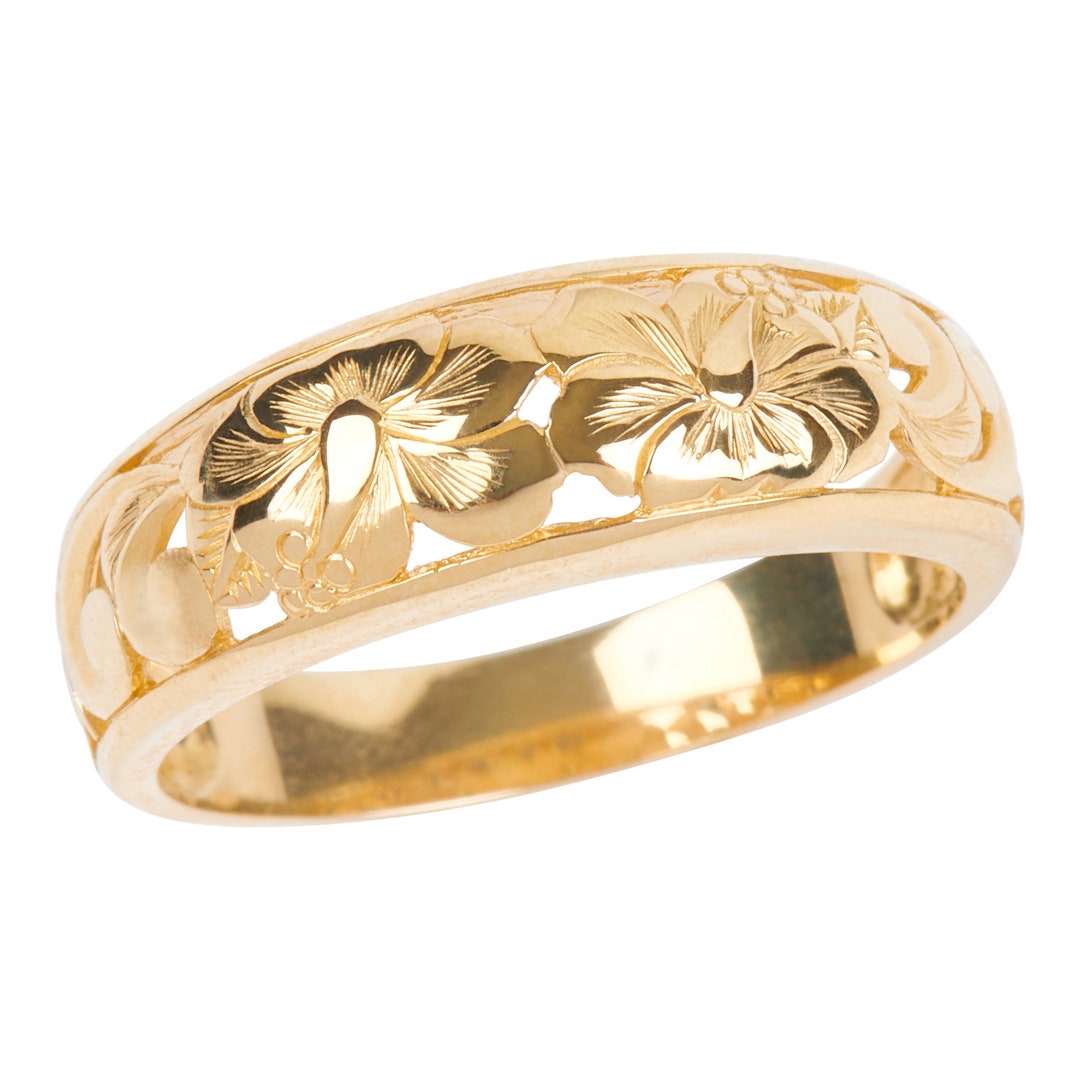 Hawaiian Heirloom Jewelry 14k Gold 6mm Cut Out Hibiscus Dome Taper Ring ...