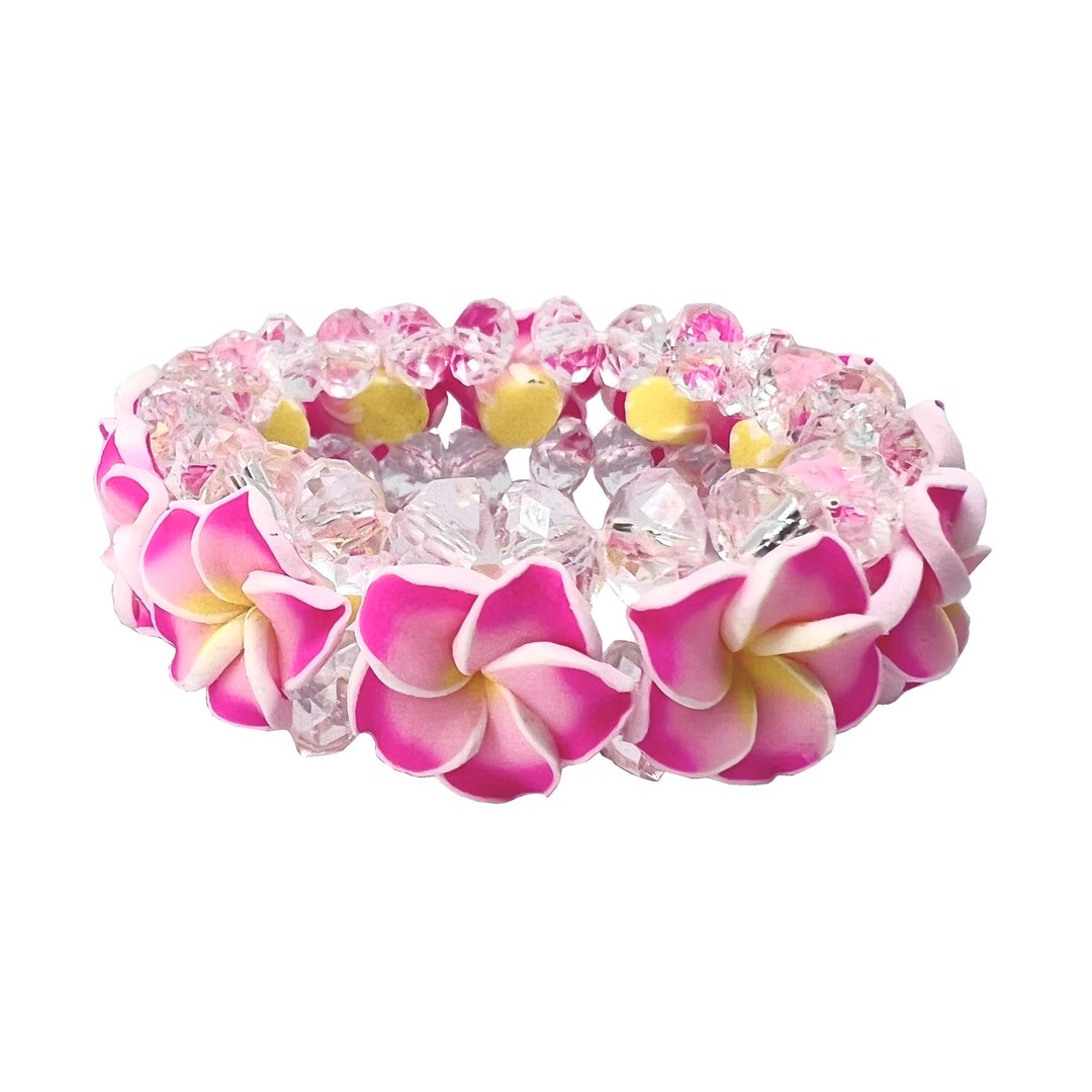 Hawaiian Jewelry Hot Pink Fimo Plumeria Flower and Crystal Bead Elastic ...