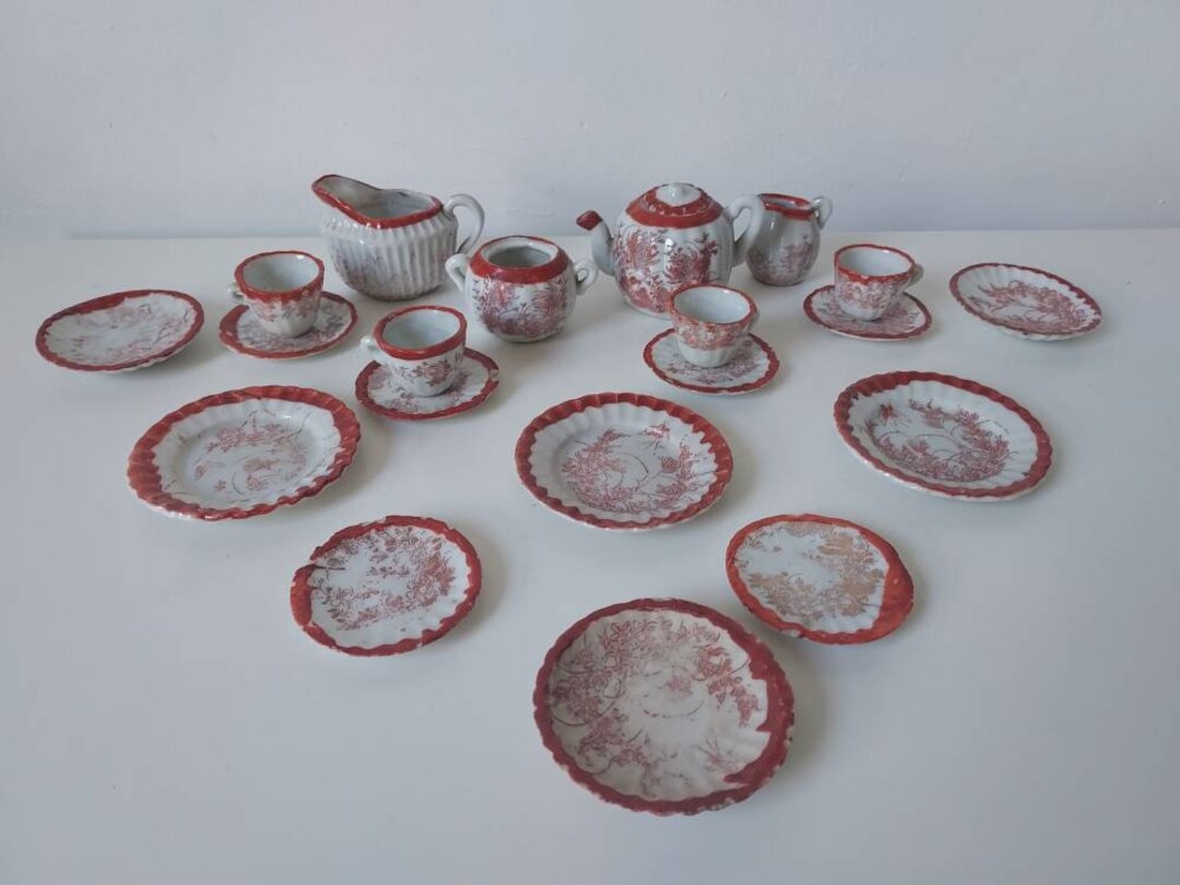 Antique Miniature Japanese Red and White Tea Set - Etsy