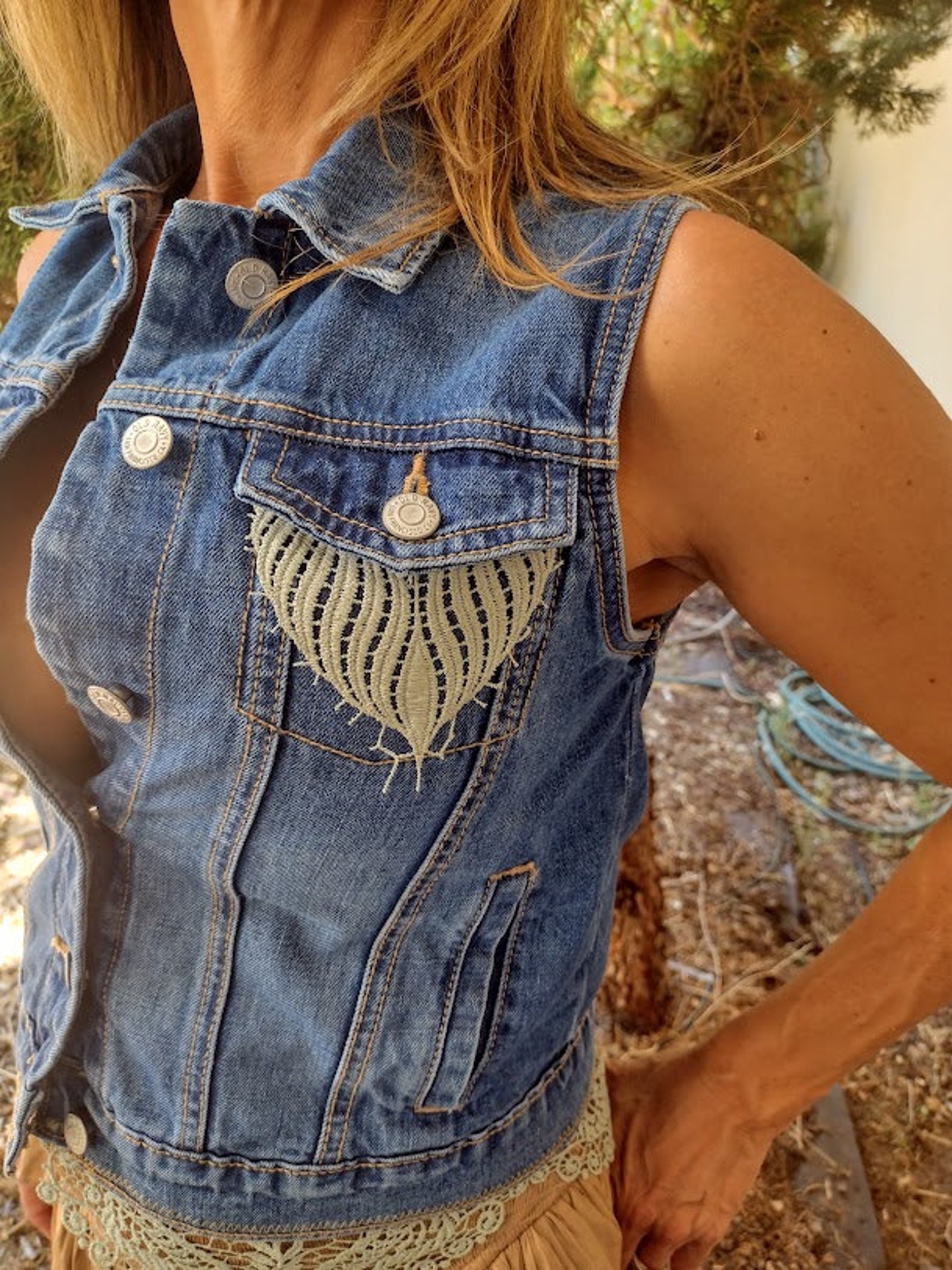 Denim Lace Vest Jean Jacket Vest With Lace Boho Jean Vest - Etsy