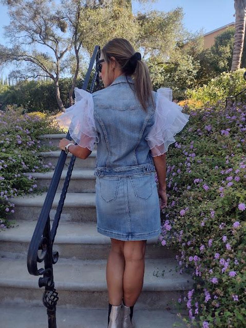 Puff Sleeves Jean Jacket Vest, Cropped Denim Vest, Ruffled Mesh Sleeves ...