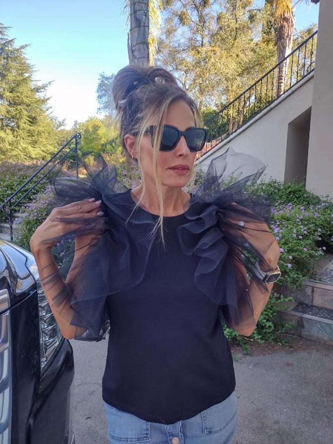 T-shirt With Ruffles, Black Top With Tulle, Tulle Top, Tulle T-shirt ...