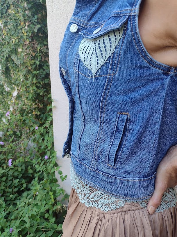 Denim Lace Vest Jean Jacket Vest With Lace Boho Jean Vest - Etsy