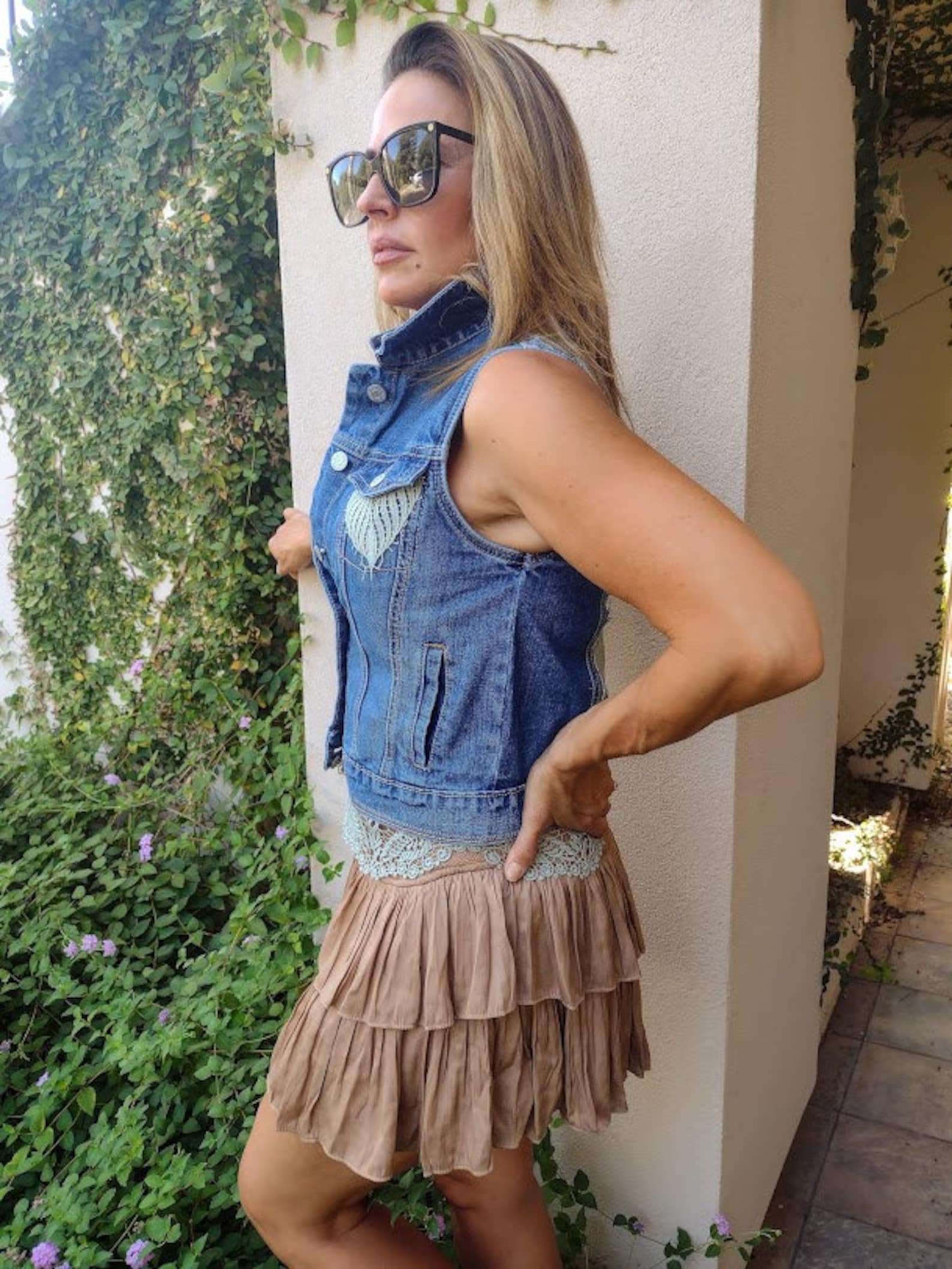 Denim Lace Vest, Jean Jacket Vest With Lace, Boho Jean Vest, Western ...