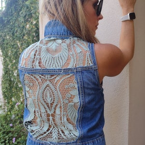 Denim Lace Vest, Jean Jacket Vest With Lace, Boho Jean Vest, Western ...