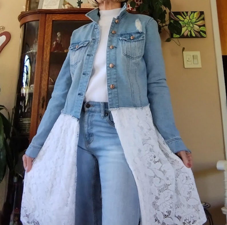 Denim Duster Jean Jacket, White Lace Insert, Bride Jacket, Mrs. Jean ...