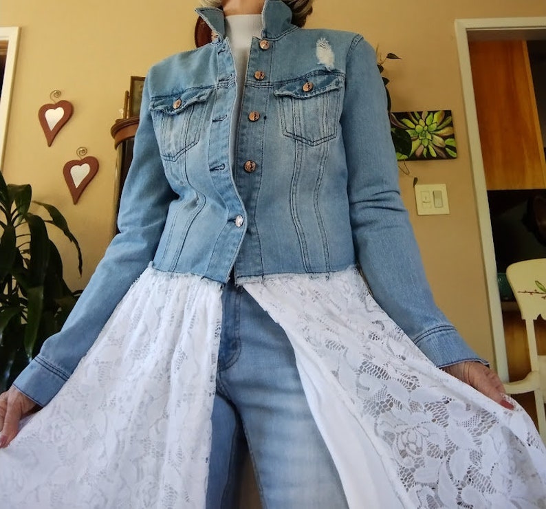 Denim Duster Jean Jacket, White Lace Insert, Bride Jacket, Mrs. Jean ...