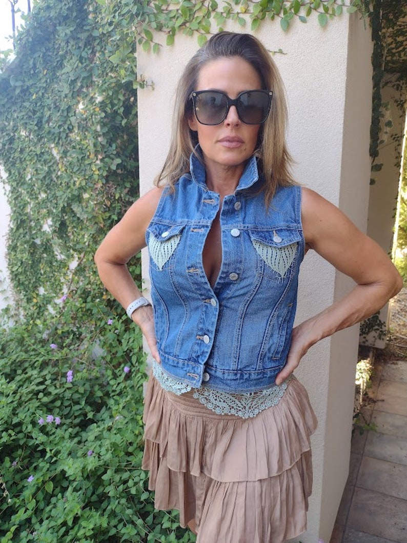 Denim Lace Vest, Jean Jacket Vest With Lace, Boho Jean Vest, Western ...