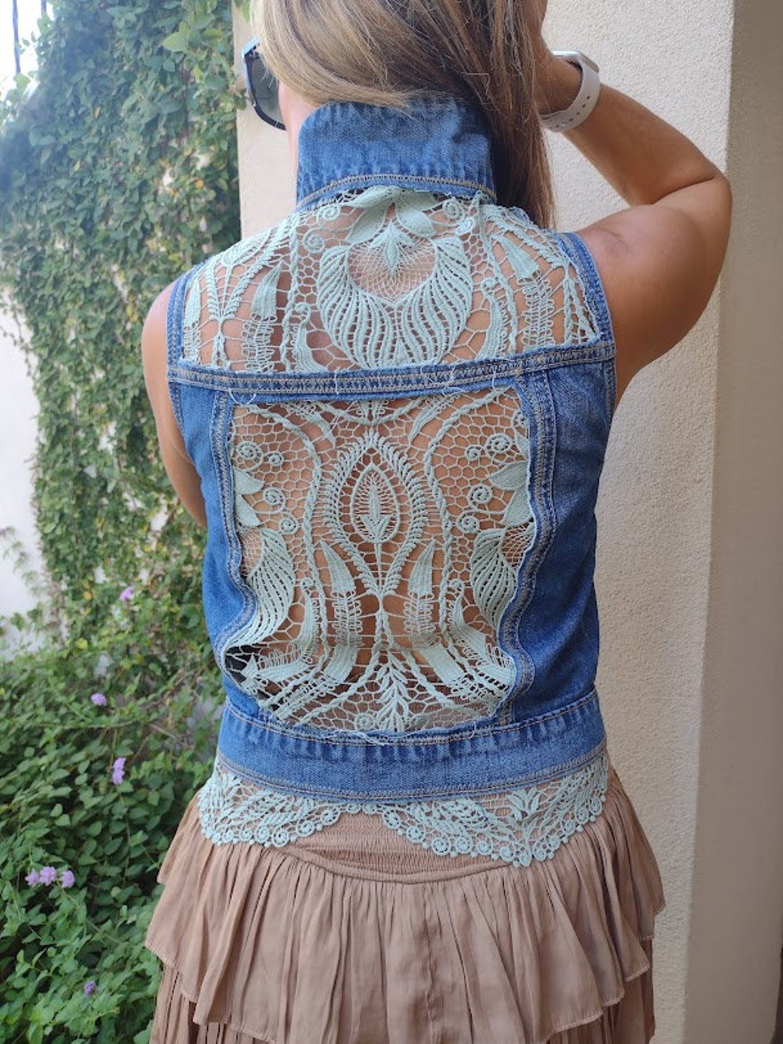 Denim Lace Vest Jean Jacket Vest With Lace Boho Jean Vest - Etsy