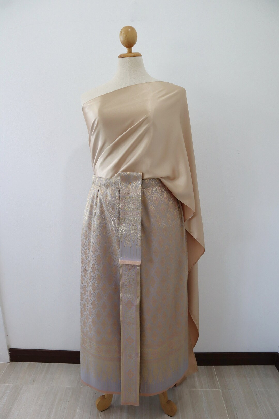 Plus Size Beige Thai Dress: Brocade Sarong Skirt With Satin Sbai Shawl ...