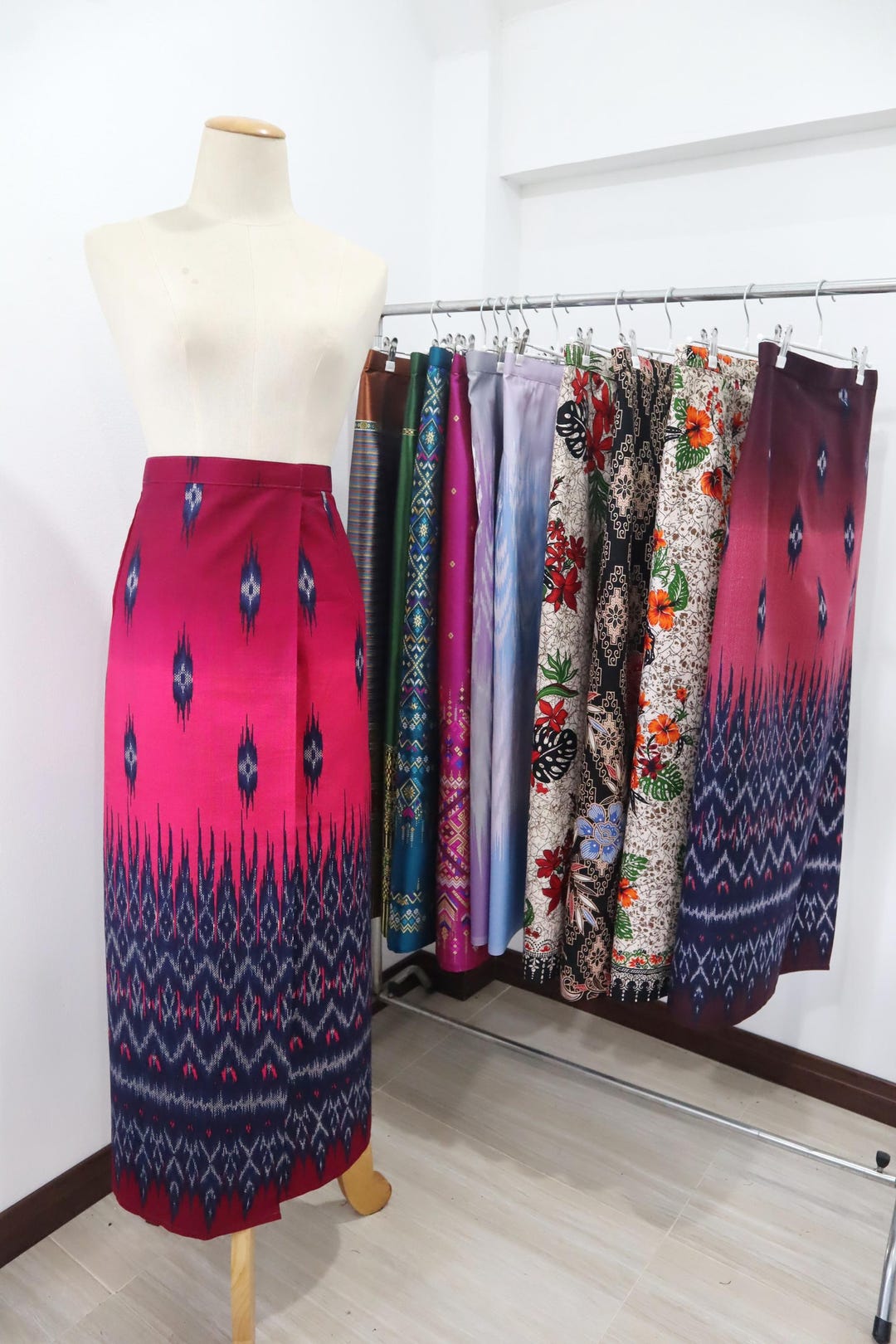 Printed Batik Cotton Wrap Skirt Ready to Wear , Adjustable Thai Lao ...