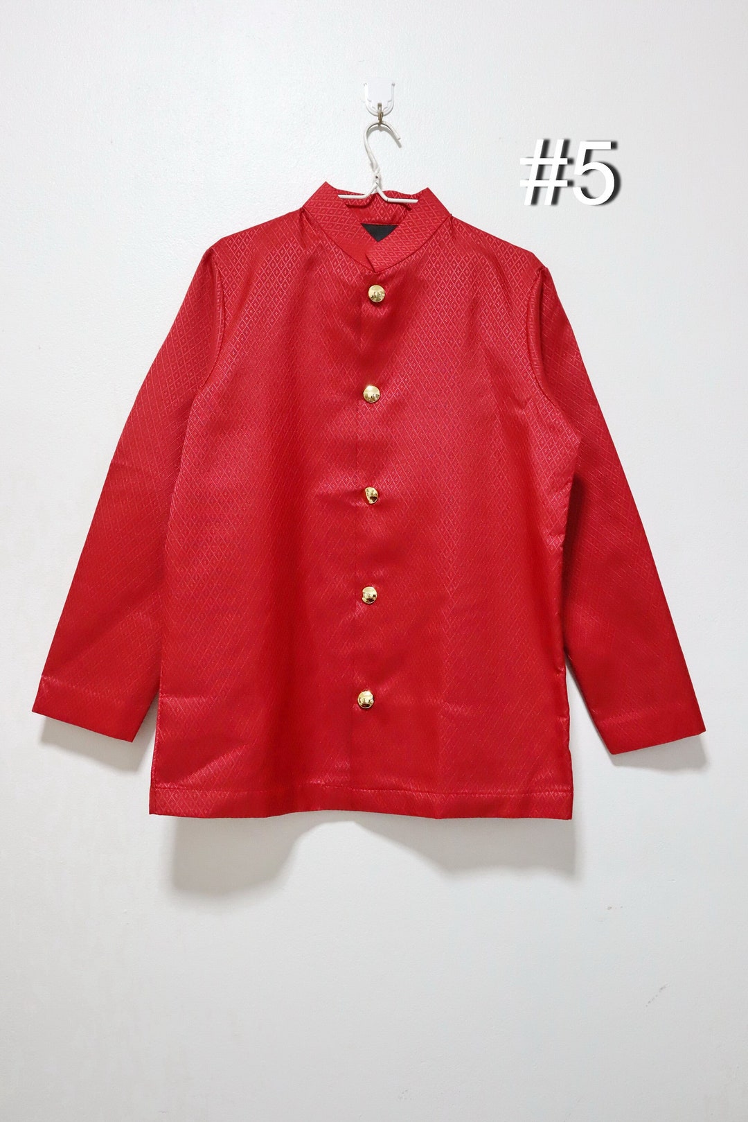 Red Mandarin Collar- Long Sleeve Shirt: Thai Faux Silk Top for Men - Etsy