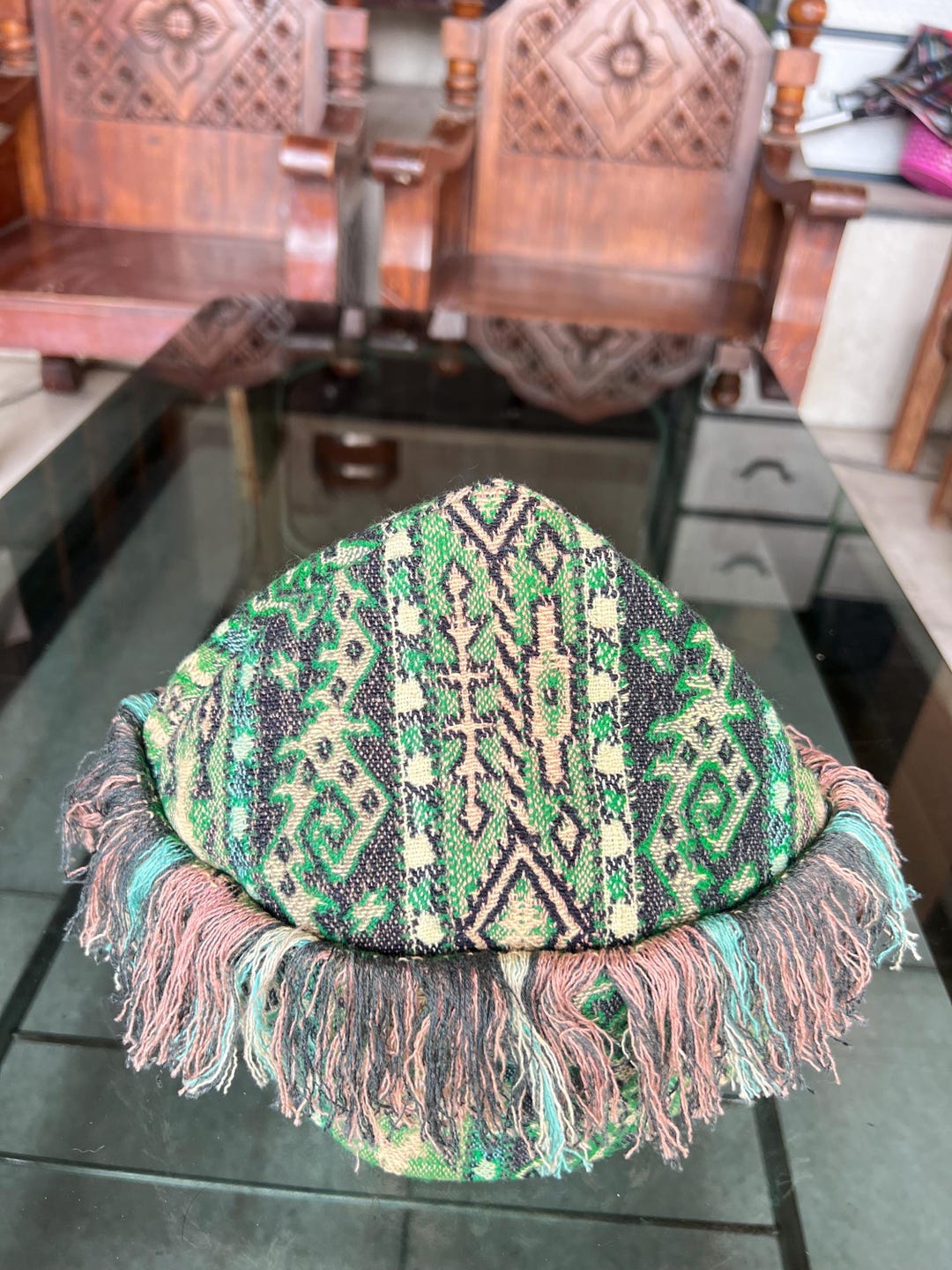 Green Tribal Fringe Hat Handmade Ethnic Boho Cap Size 23 Unique ...
