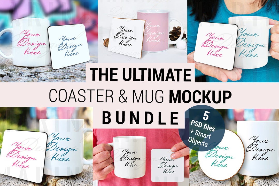 Mug & Coaster Mockup BUNDLE, Square and Round Coaster With Coffee Mug ...
