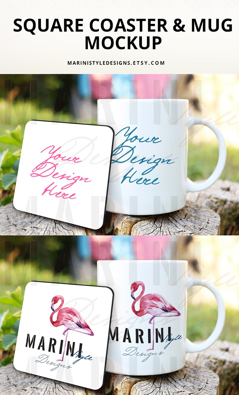 Mug & Coaster Mockup, Square Coaster and Mug Set Mock Up, Styled Stock ...