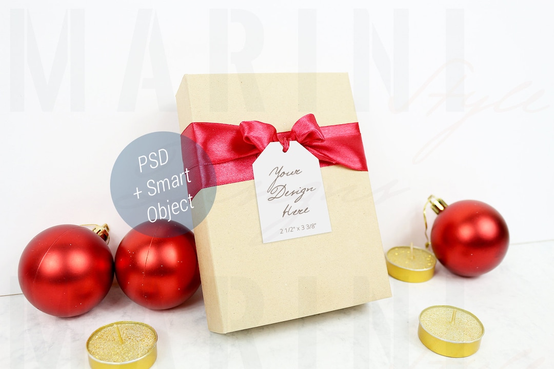 Christmas Gift Box Mockup With Tag, Gift Box Tag Mock Up, Christmas ...