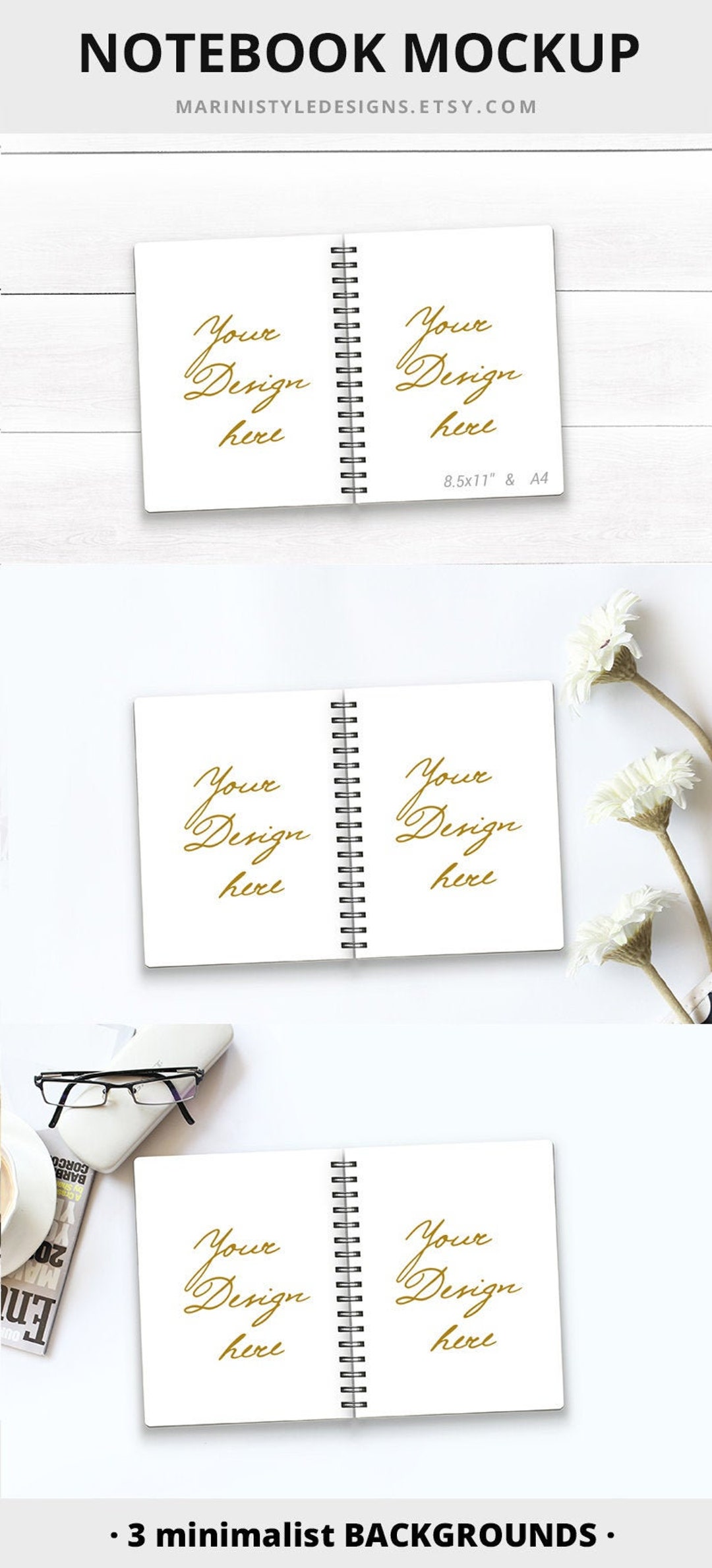 Open A4 Notebook Mockup, Open Page Planner Mockup, Minimalist A4 Spiral ...