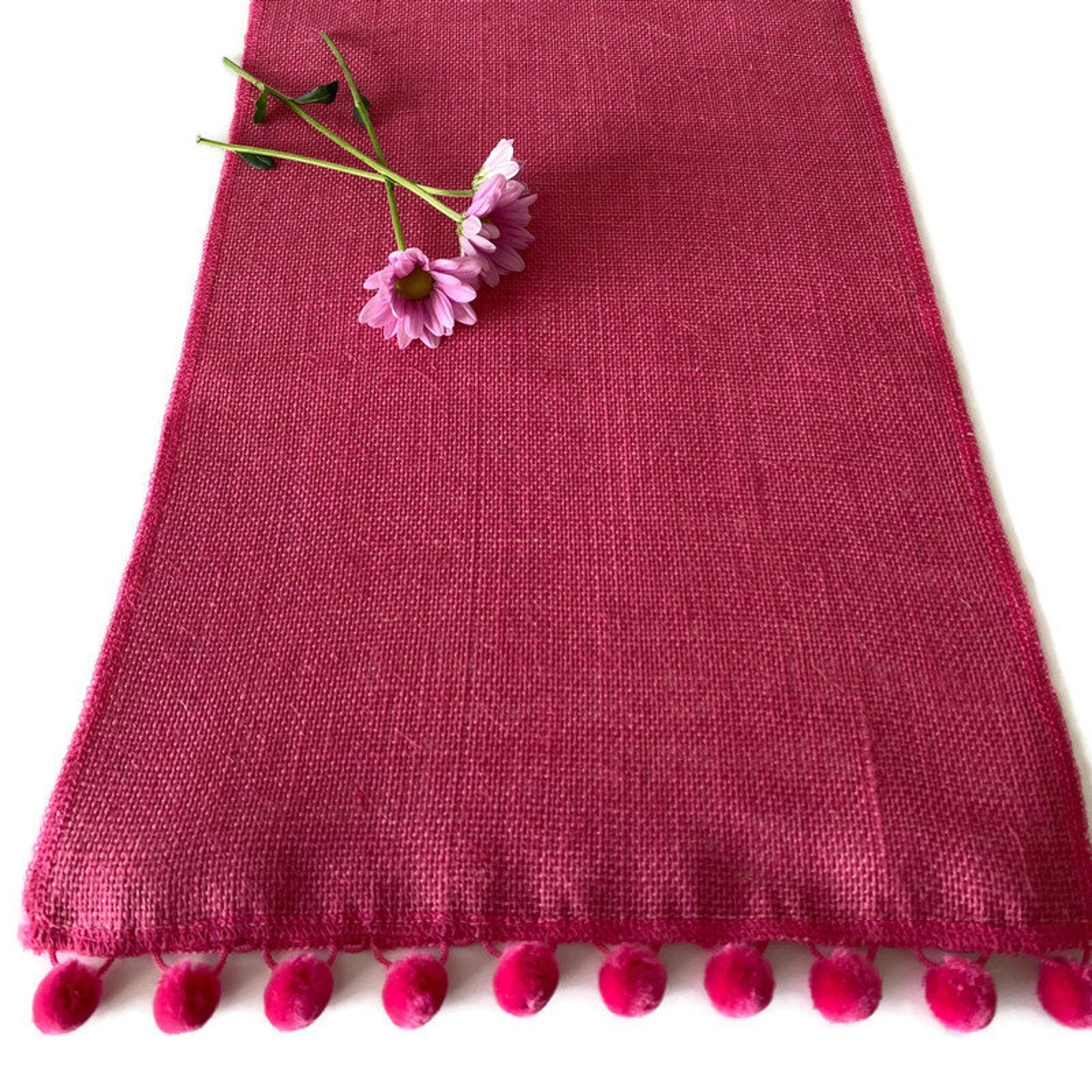 Dusky Pink Hessian Burlap Table Runner With Pom Pom Trim for Dining ...